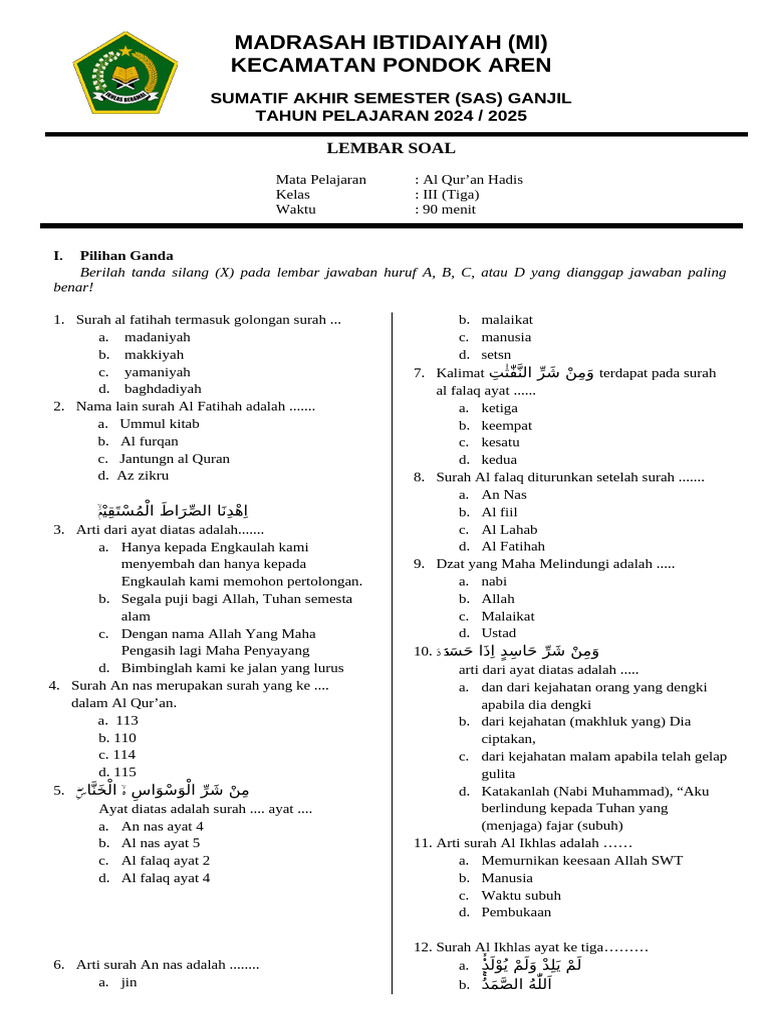 Soal Qurdis Kelas 3 KM | PDF
