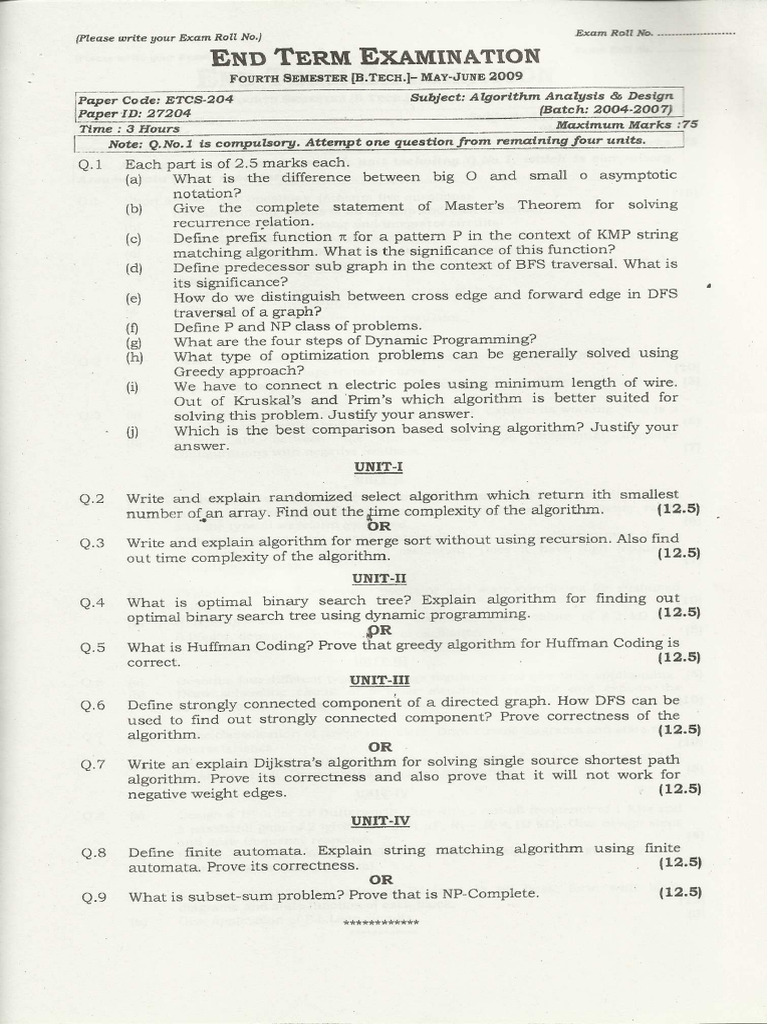 Ipjugaad B Tech Algorithm Analysis Design 2009 Paper | PDF