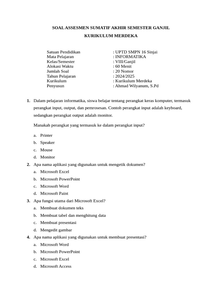 Soal Assesmen Sumatif Akhir Semester Ganjil Informatika 8 | PDF