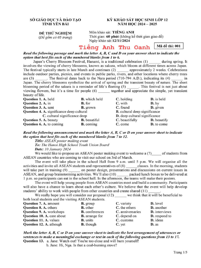 Đề thi thử nghiệm THPTQG 2025 tỉnh Yên Bái cô Thu Oanh | PDF