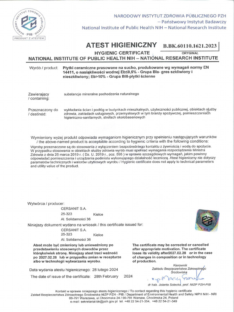 Atest higieniczny płytki (2) | PDF
