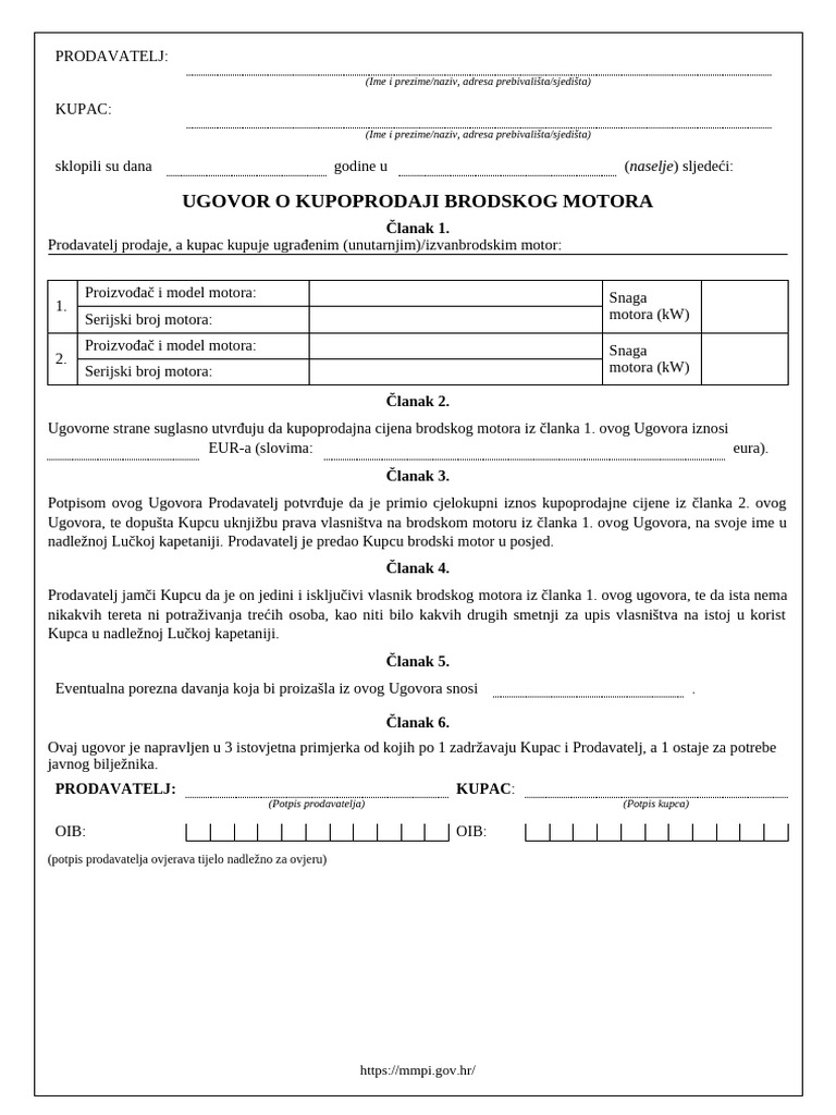 Ugovor o Kupoprodaji Brodskog Motora EUR | PDF