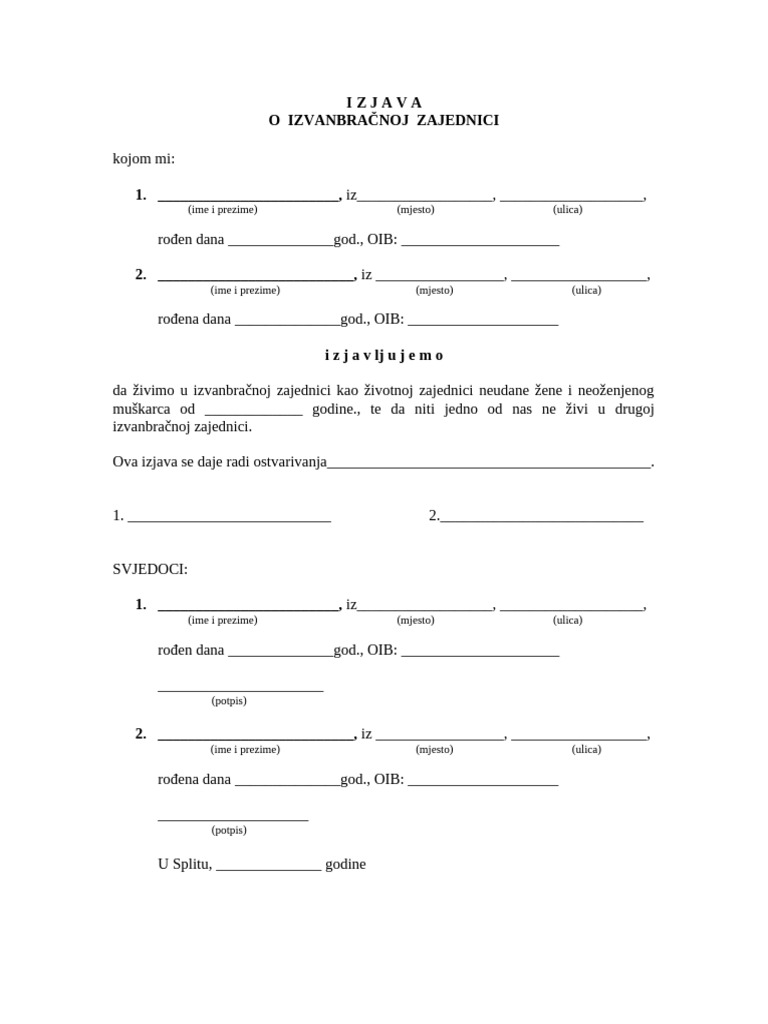 Izjava o Izvanbračnoj Zajednici-Svjedoci | PDF