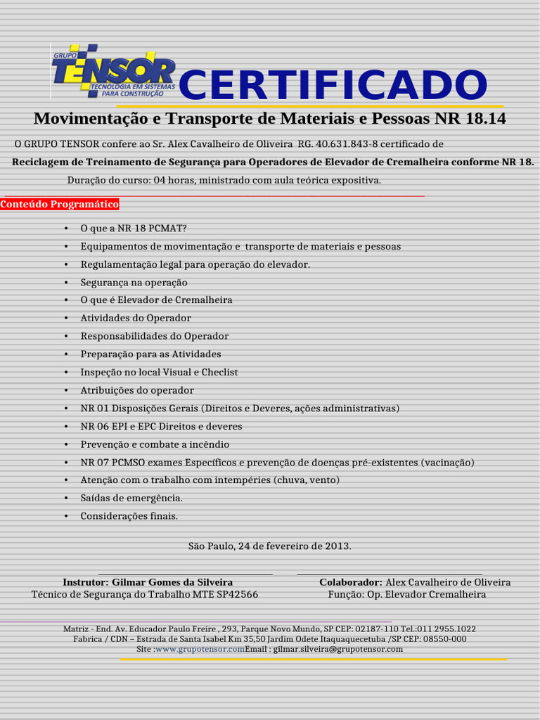 ALEX CAVALHEIRO OPERADOR DE ELEVEDOR | PDF