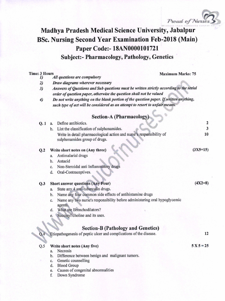 2018 B Sc 2nd Pharmacology Pathology Genetics Pdf