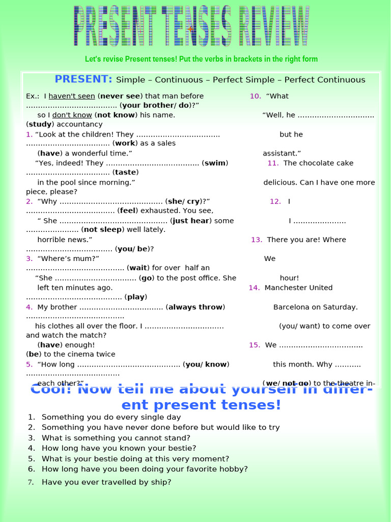 Exercise To Train Present Tenses (Present Simple, Perfect, Continuous ...