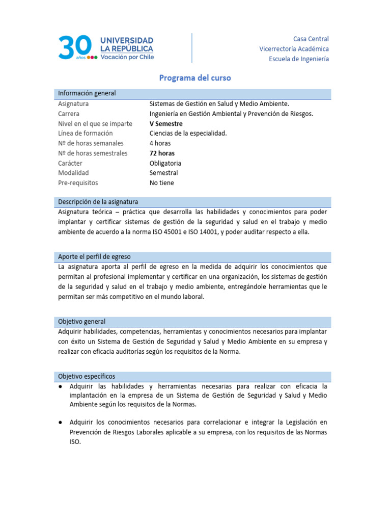 PROGRAMA ASIGNATURA SISTEMA DE GESTION SALUD Y MEDIOAMBIENTE | PDF | Aprendizaje