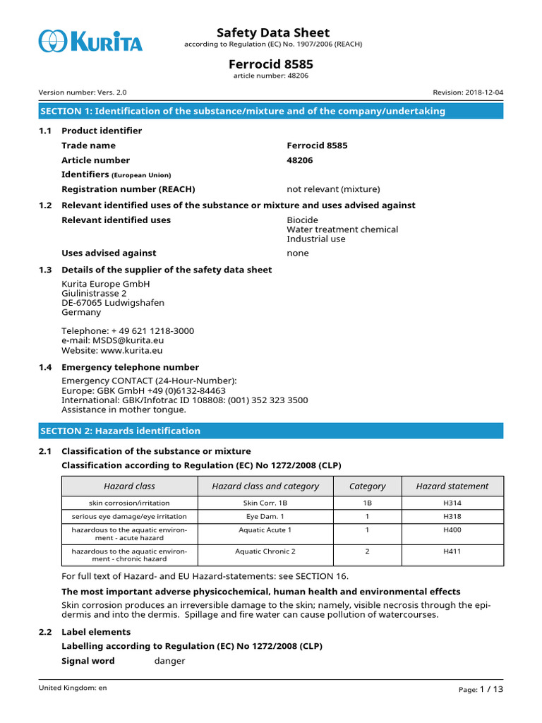 Ferrocid 8585 Safety Data Sheet | PDF | Dangerous Goods | Toxicity
