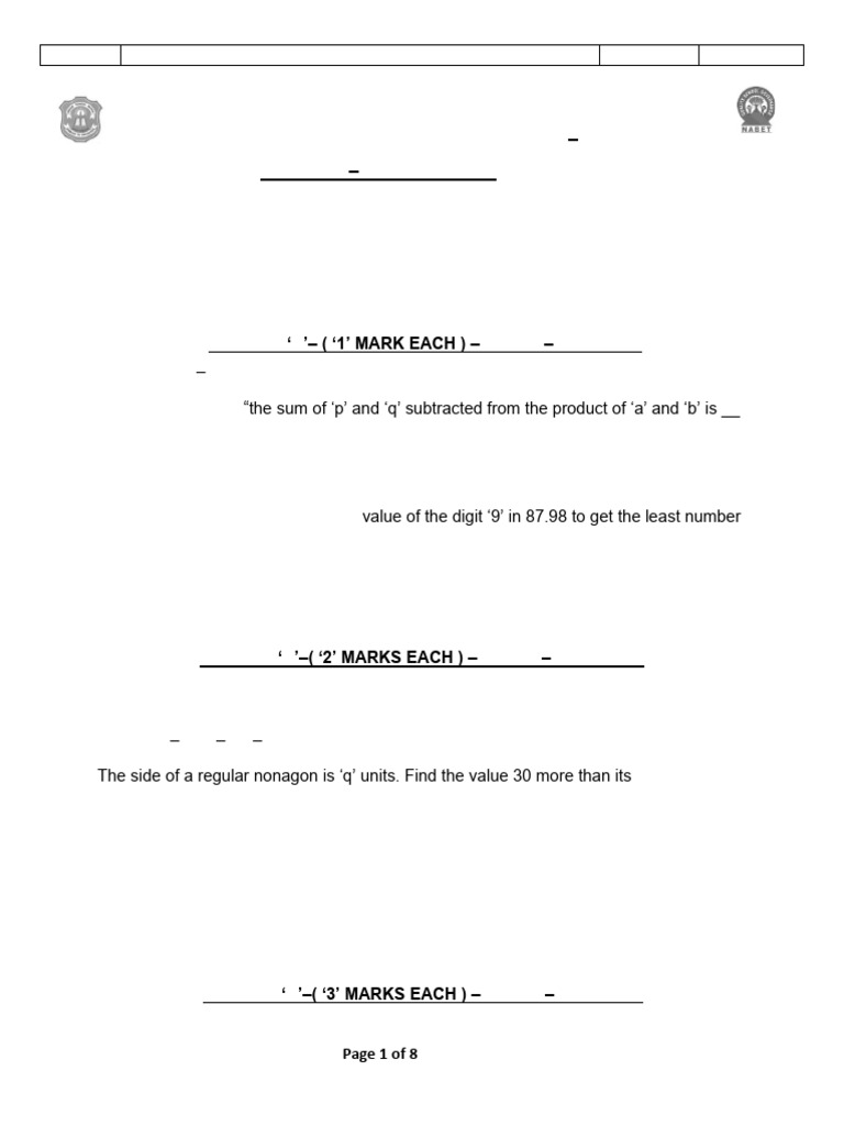 Sample Paper 02 and Answer Key - Class 6 - Mathematics - Final ...