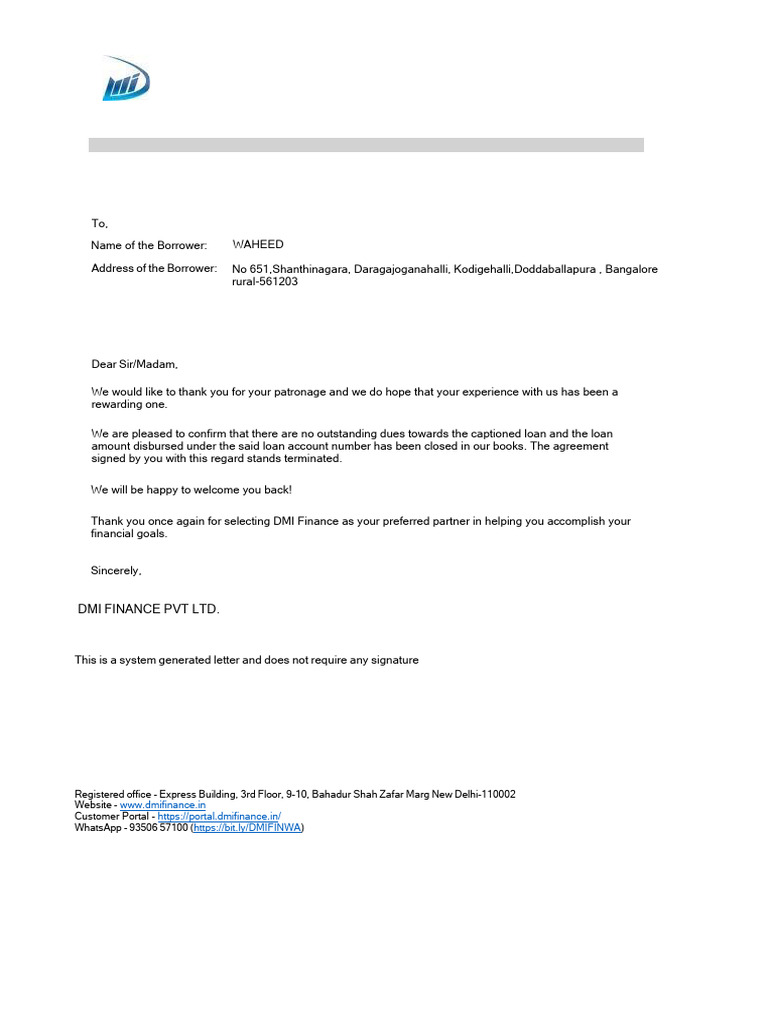 Dmi Finance Private Limited: No Due Certificate | PDF