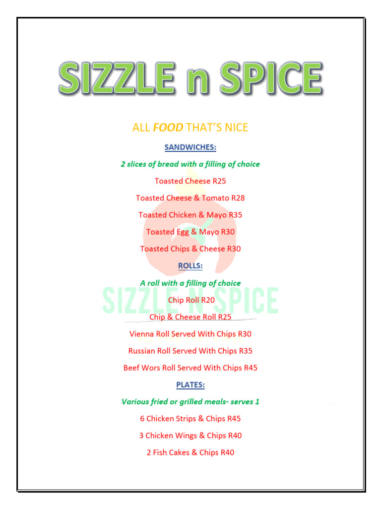 Sizzle n Spice Menu Overview | PDF