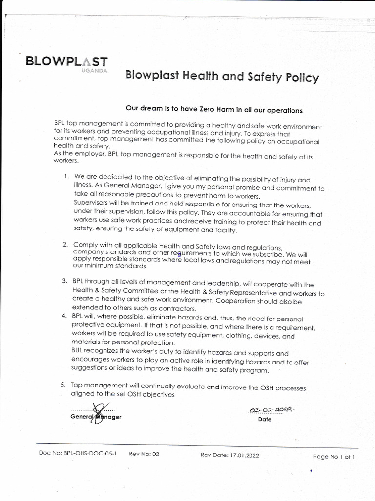 BPL-PO-OHS-08 H&S Policy | PDF | Occupational Safety And Health ...