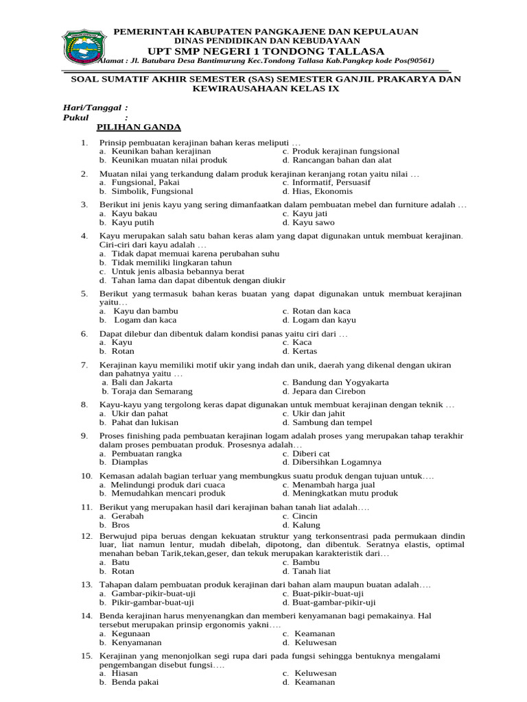 Soal Pas Prakarya Kelas 9 | PDF
