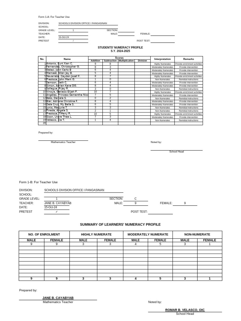 3 CAYABYAB Numeracy PRE Test Forms 24 25 | PDF | Learning | Behavior ...