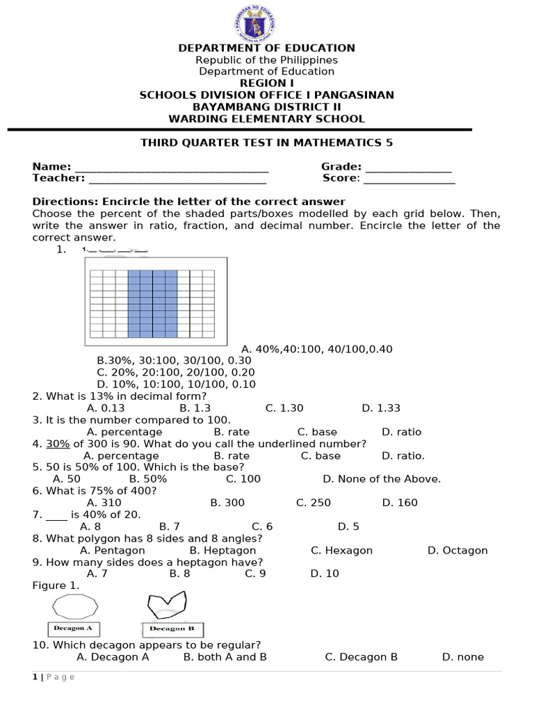 3rd Quarter TEst in Mathematics 5 FINAL | PDF | Euclidean Geometry ...