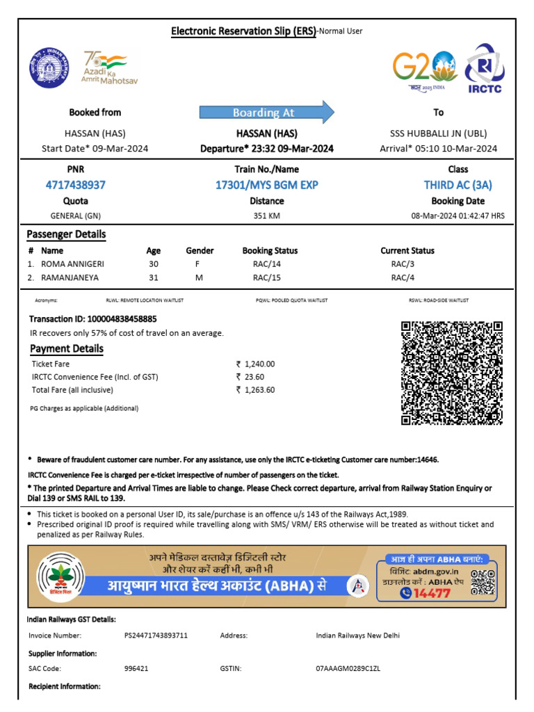 Electronic Reservation Slip for Train Travel | PDF | Identity Document