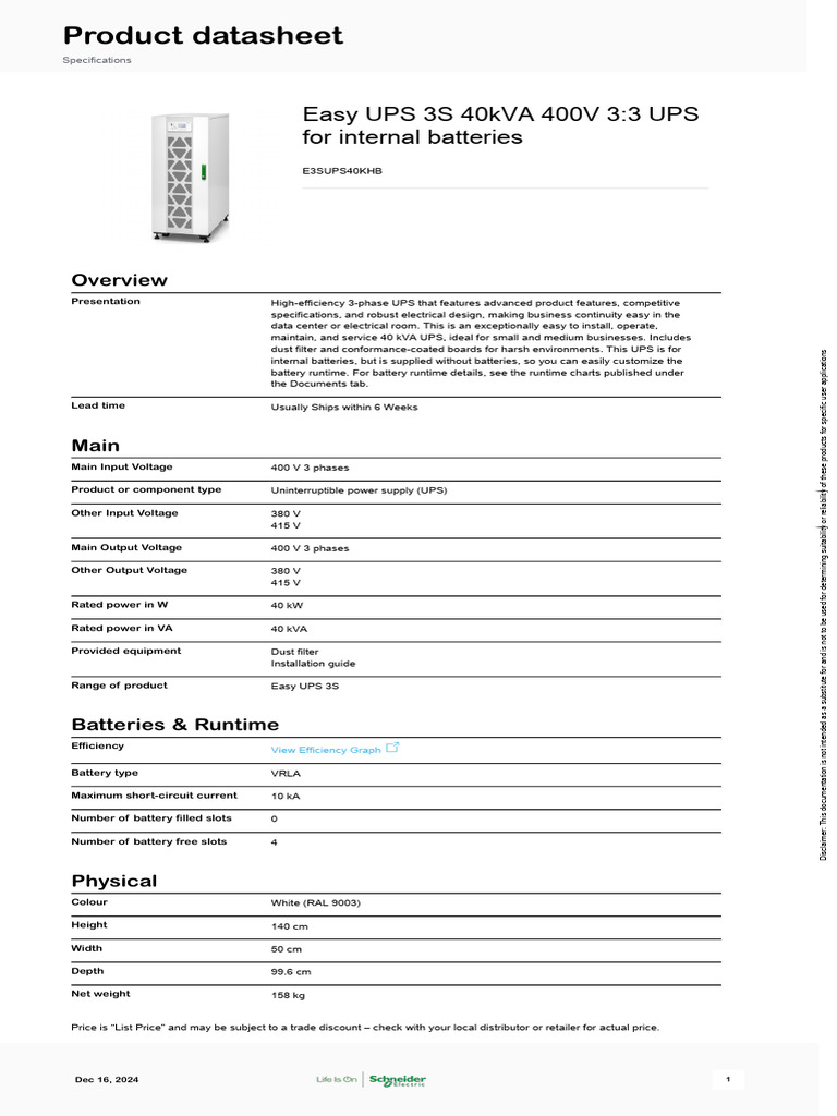 Easy UPS 3S 40kVA Overview | PDF | Mains Electricity | Manufactured Goods