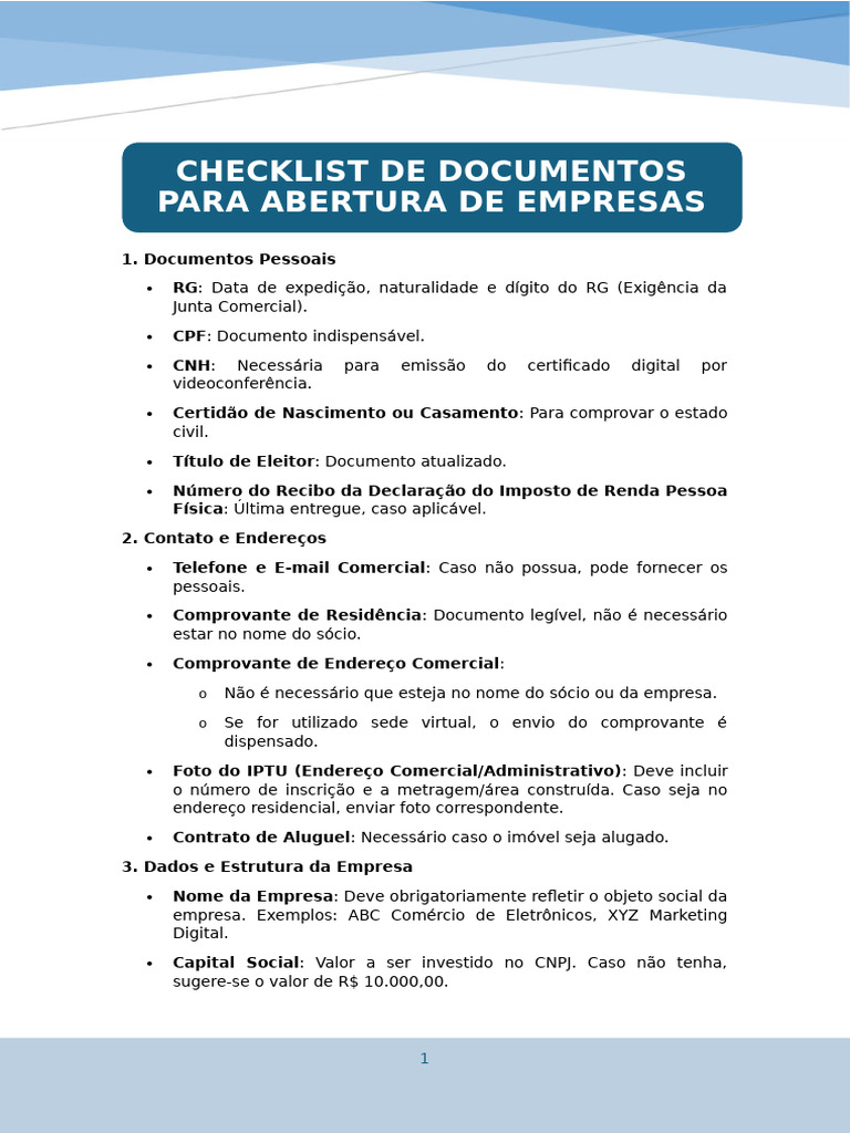 Checklist de Documentos para Abertura de Empresas | PDF