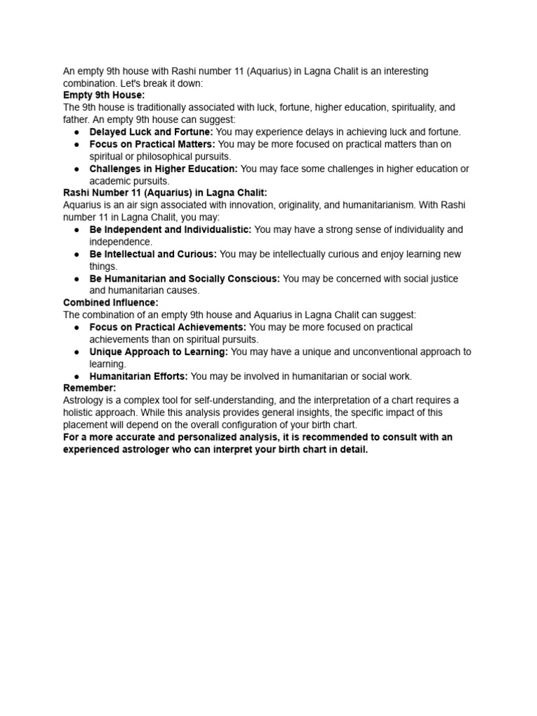 9th House Empty With Rashi Number 11 in Lagna Chal... | PDF