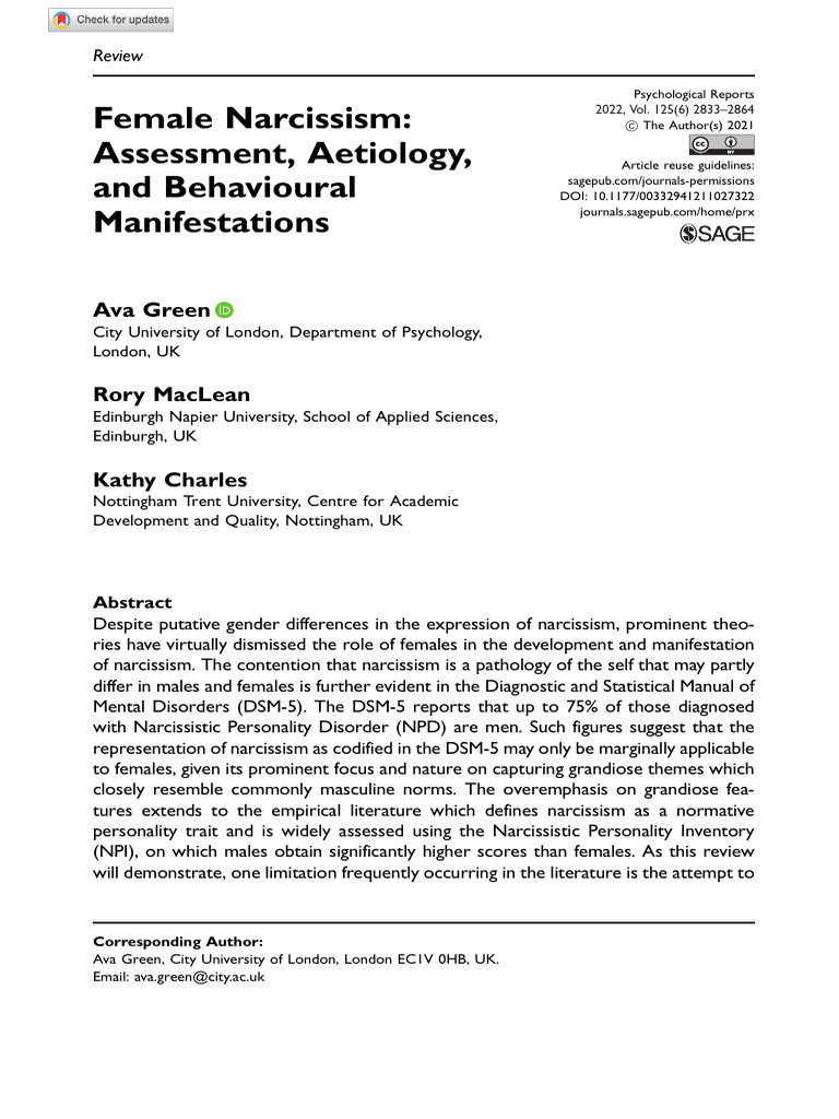 Green Et Al 2021 Female Narcissism Assessment Aetiology and Behavioural Manifestations | PDF ...