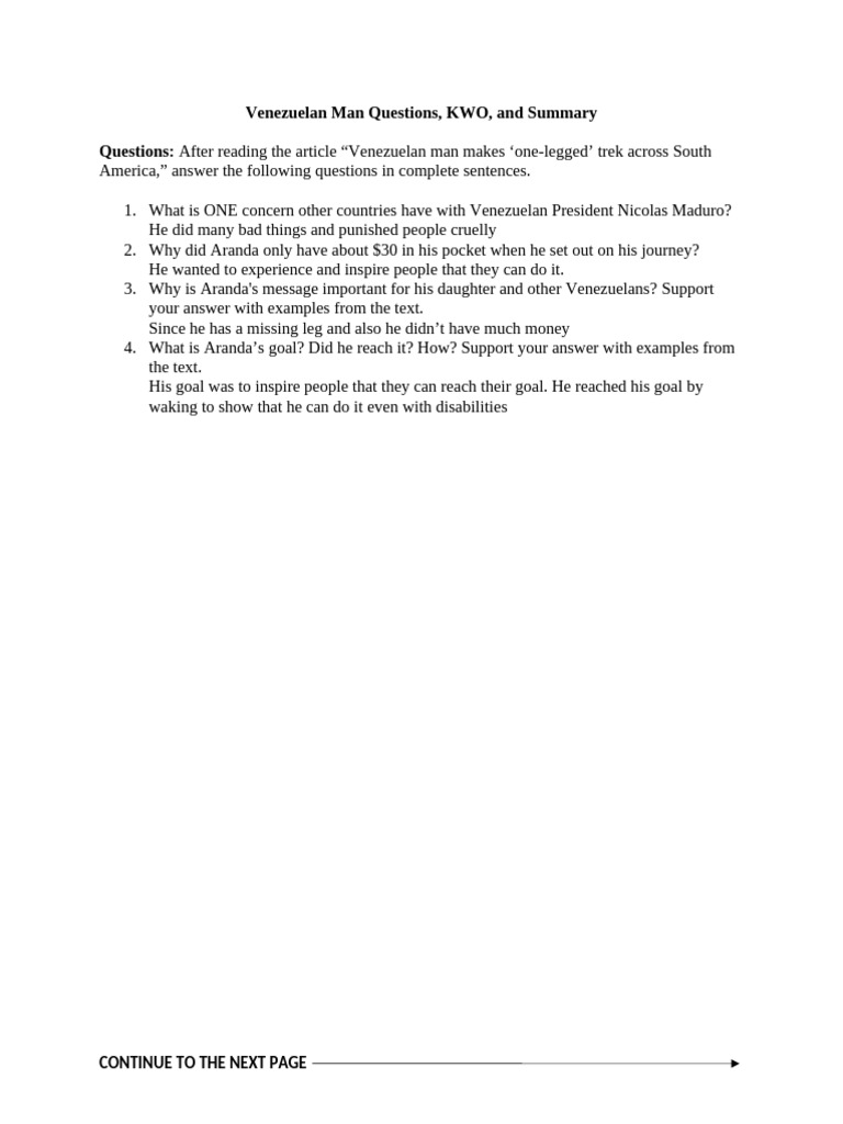 Venezuelan Man Questions, KWO, and Summary-1 | PDF | Venezuela