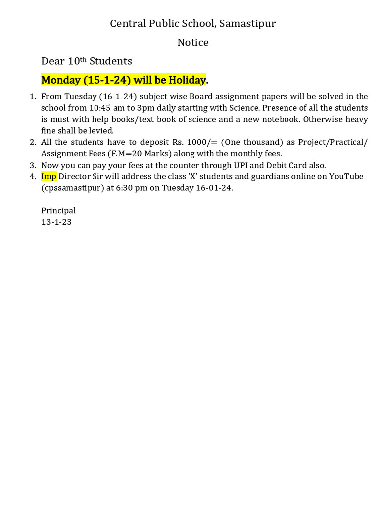 Class-10 Imp Notice About Board Exam 2024 | PDF