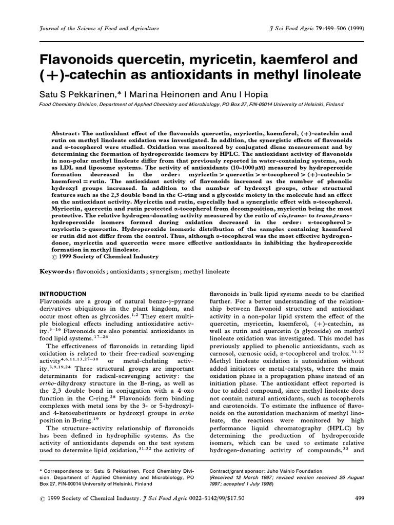 Flavonoids Quercetin, Myricetin, Kaemferol and - Catechin As Antioxidants in Methyl Linoleate ...