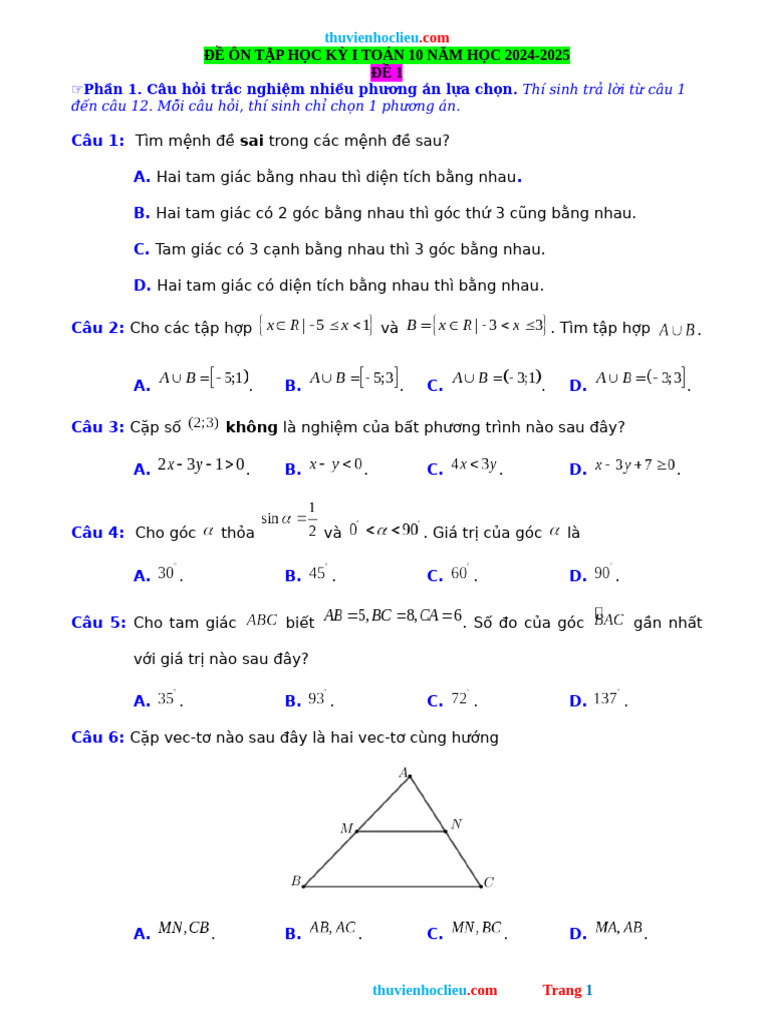 De On Tap HK1 Toan 10 KNTT de 1 | PDF