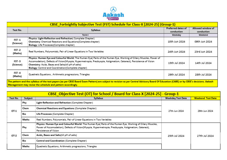 CBSE_FST & OT Planner for Class X [2024-25] - G1 | PDF | Human Eye ...