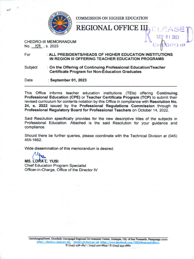 CHEDRO III MEMORANDUM No. 159 Series of 2023 | PDF