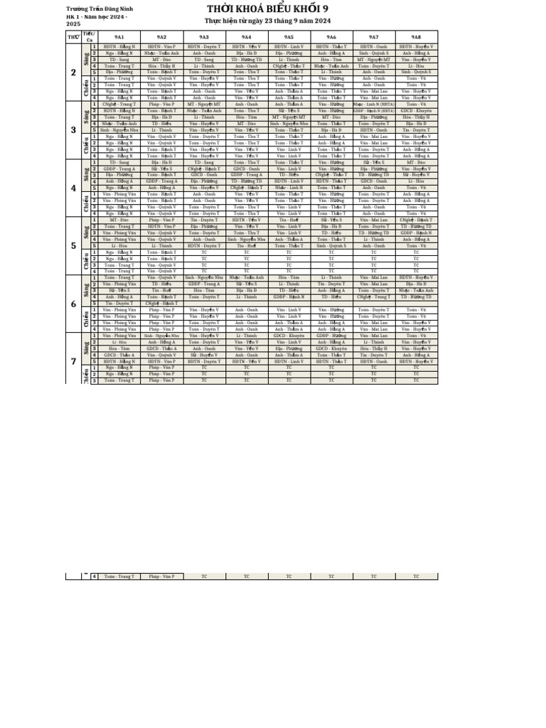 TKB K9 Tuần 4 (Từ 23-9-2024) | PDF