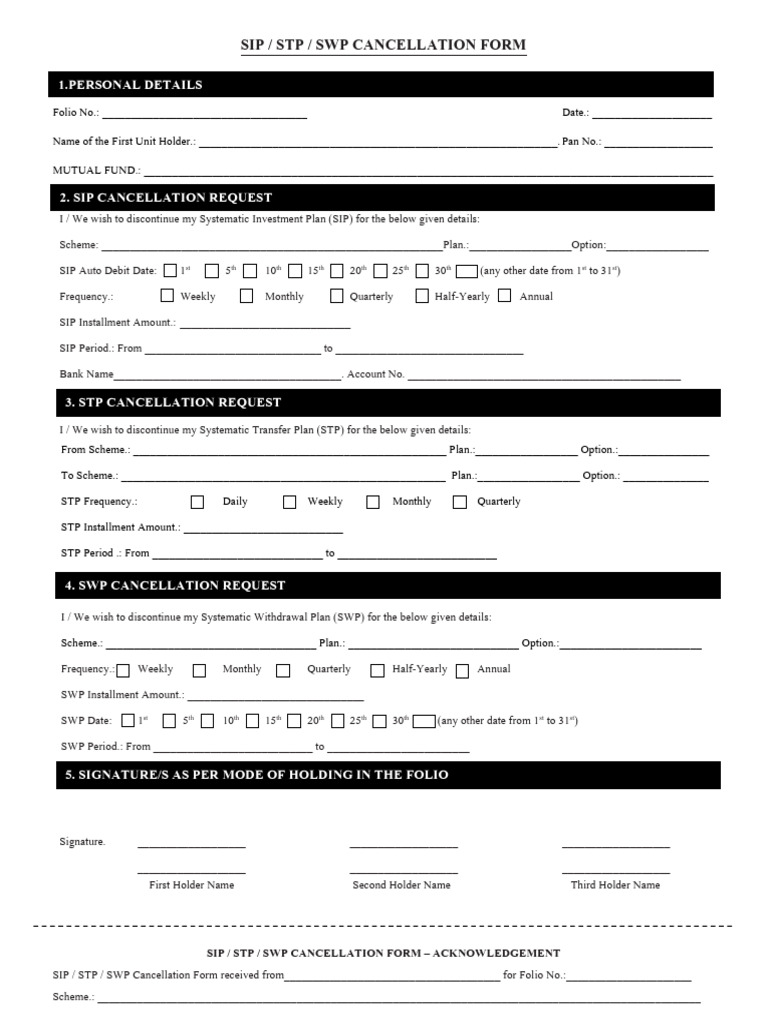 SIP STP SWP Cancellation Form | PDF | Financial Services | Investing