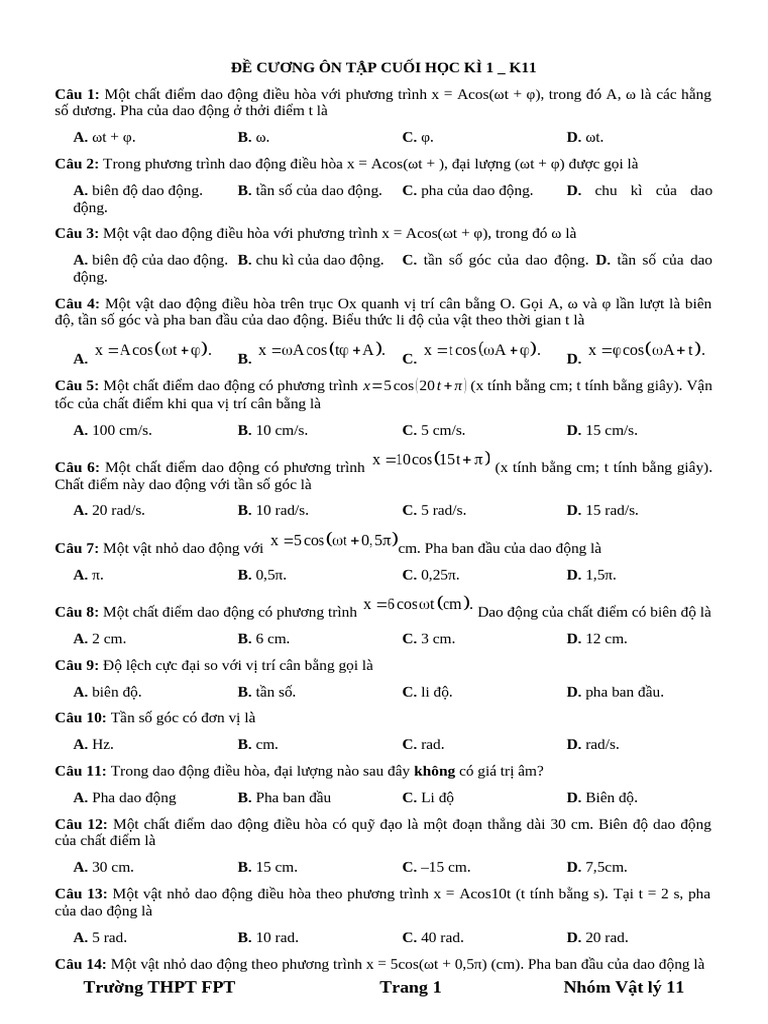 Đề cương CK1 11 VẬT LÝ (24-25) | PDF