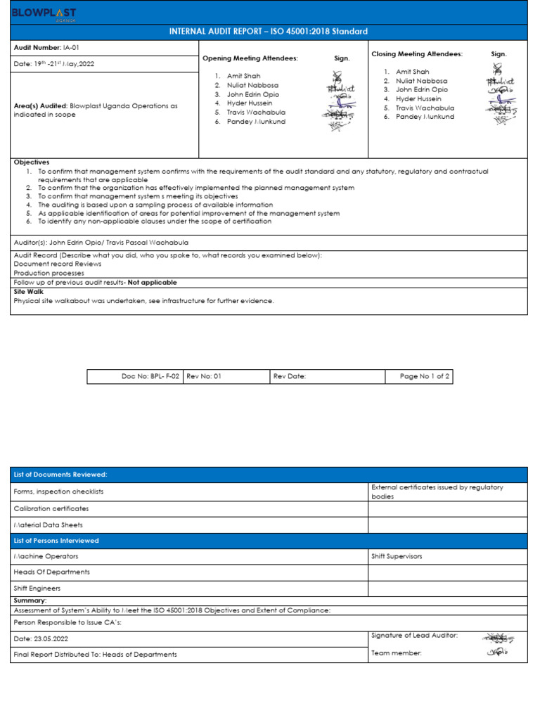 BPL F 02 Internal Audit Attendance | PDF | Audit | Internal Audit