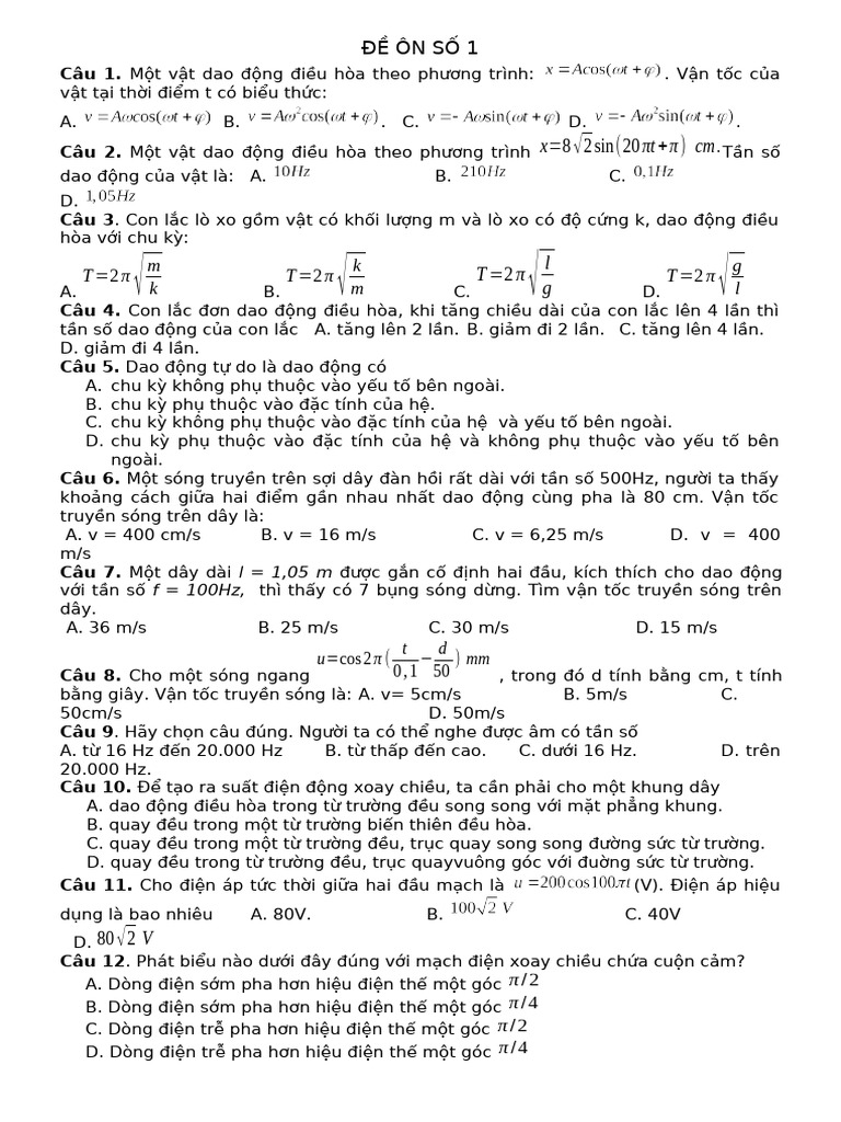 4 ĐỀ ÔN TẬP VẬT LÍ 12 HK1 | PDF