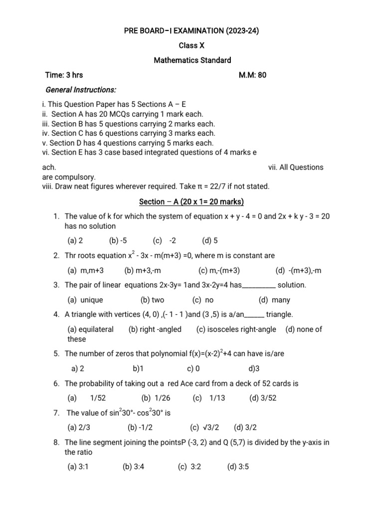 Maths Preboard 1 X-Std-set 2 | PDF | Triangle | Mathematics