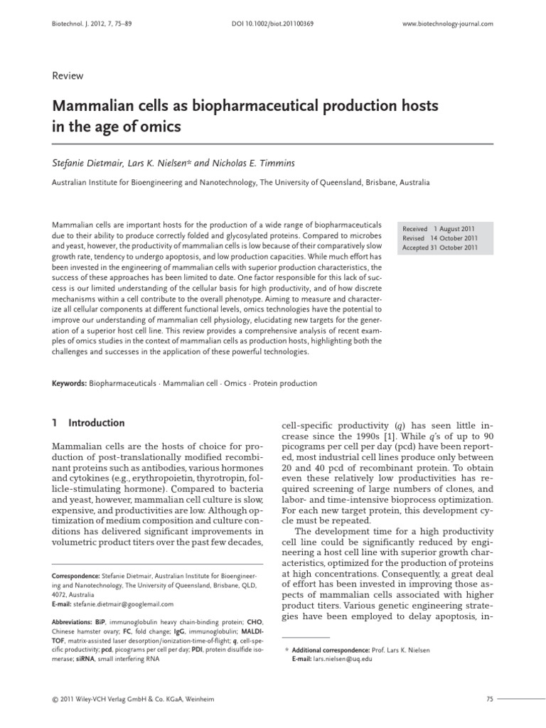 Mammalian Cells as Biopharmaceutical Production Hosts in the Age of Omics (Biotechnology Journal ...