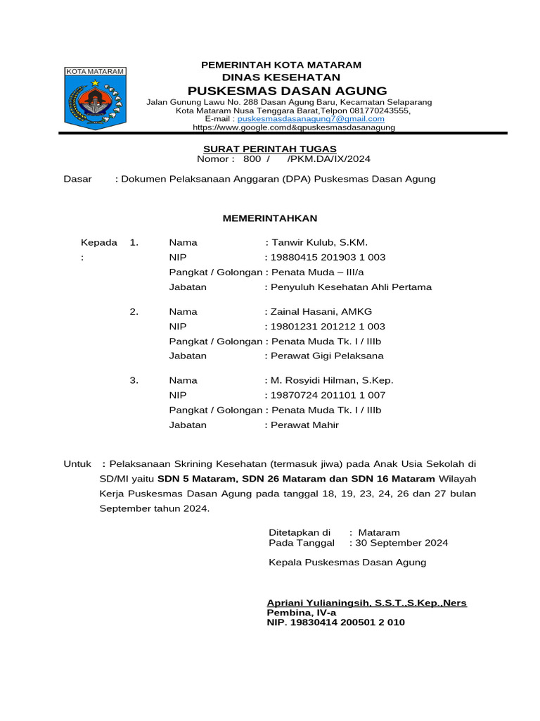 SPT Petugas Skrining Kesehatan Bulan Januari-Februari-Maret September ...
