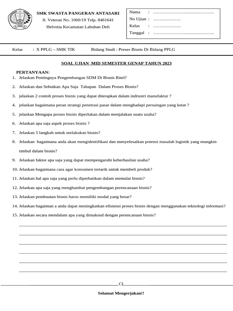 Soal Ujian Mid Semester Genap Proses Bisnis Di Bidang PPLG X | PDF