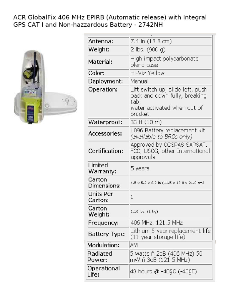 ACR GlobalFix 406 MHZ EPIRB W Integral GPS & Non-Hazardou | PDF