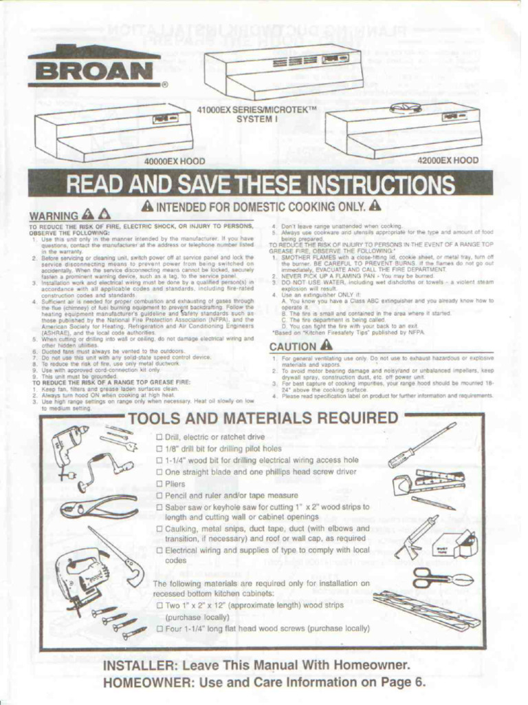 Broan-403000 Range Hood Manual | PDF