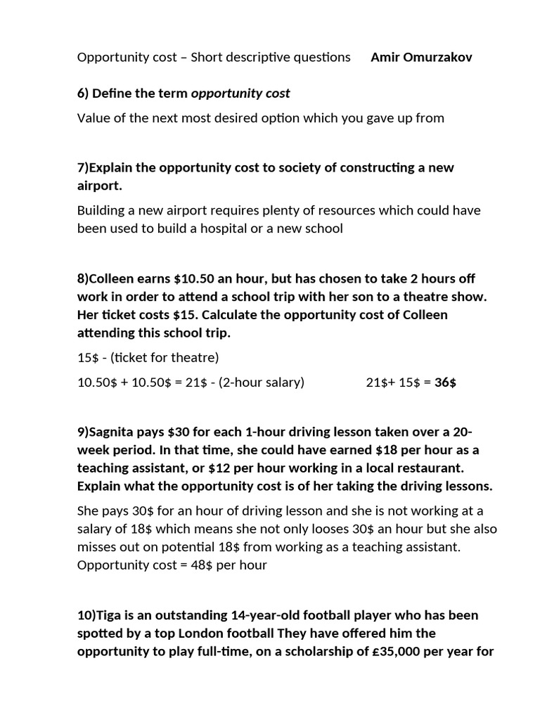 Economy IGCSE Homework Opportunity Cost Short Answers | PDF