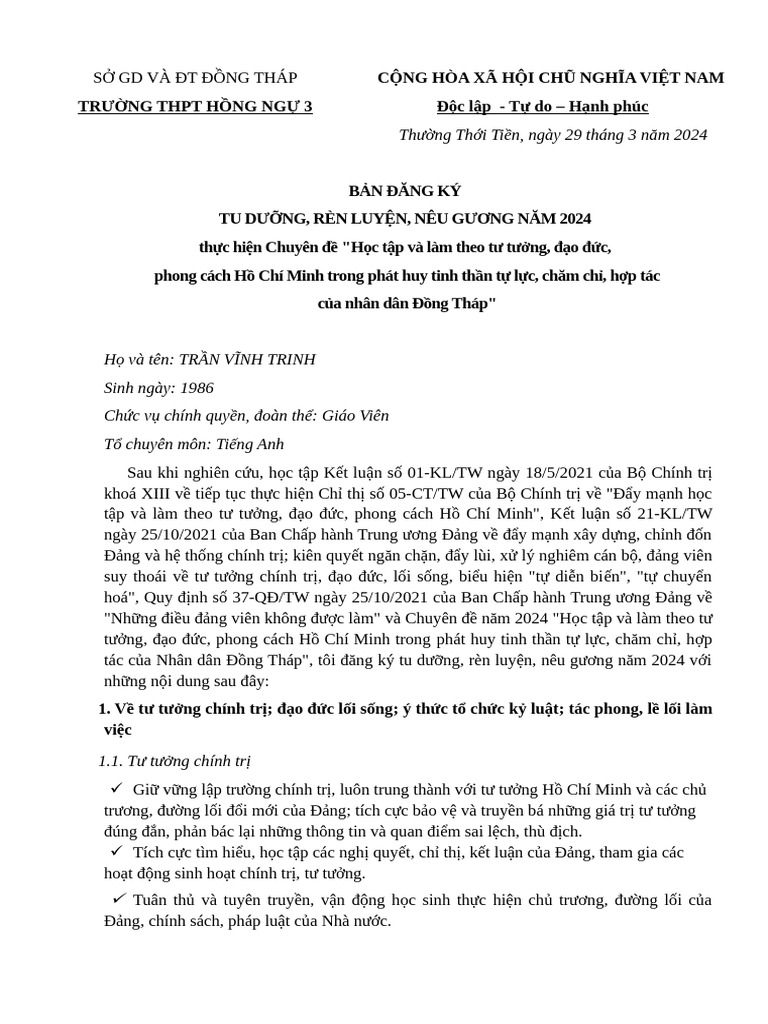 Mẫu 2-Phieu dang ki hoc tap tuyen truyen chuyen de 2024-Giao vien | PDF