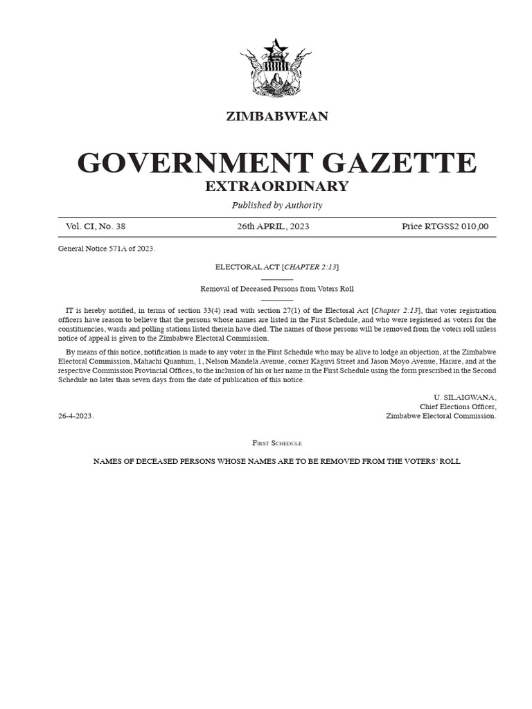 Government Gazette Vol. 38 Extra 26-4-23 Zec Death Reg Final | PDF ...