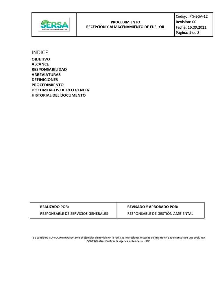 Pg-Sga-12 Procedimiento Recepción y Almacenamiento de Fuel Oil | PDF ...