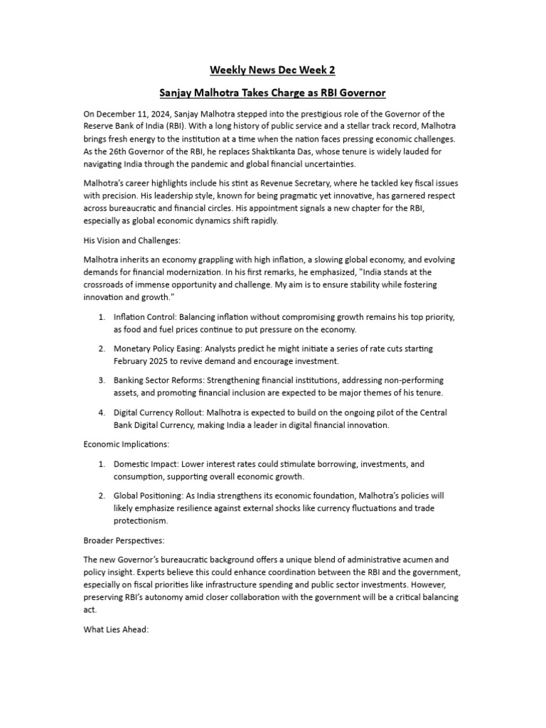 Weekly News Dec Week-2 Rushil | PDF | Reserve Bank Of India | Economies