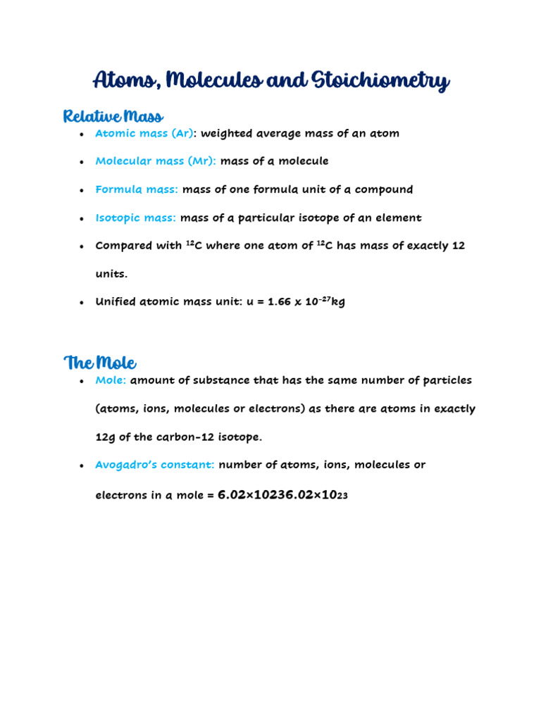 Atoms, Molecules and Stoichiometry | PDF