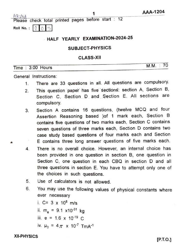 Physics Half yearly | PDF | Capacitor | Inductor