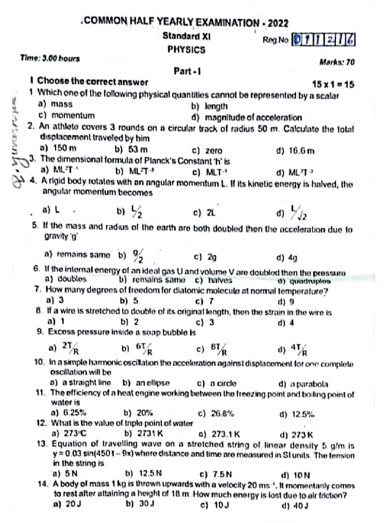 11th Physics EM Half Yearly Exam 2022 Original Question Paper ...