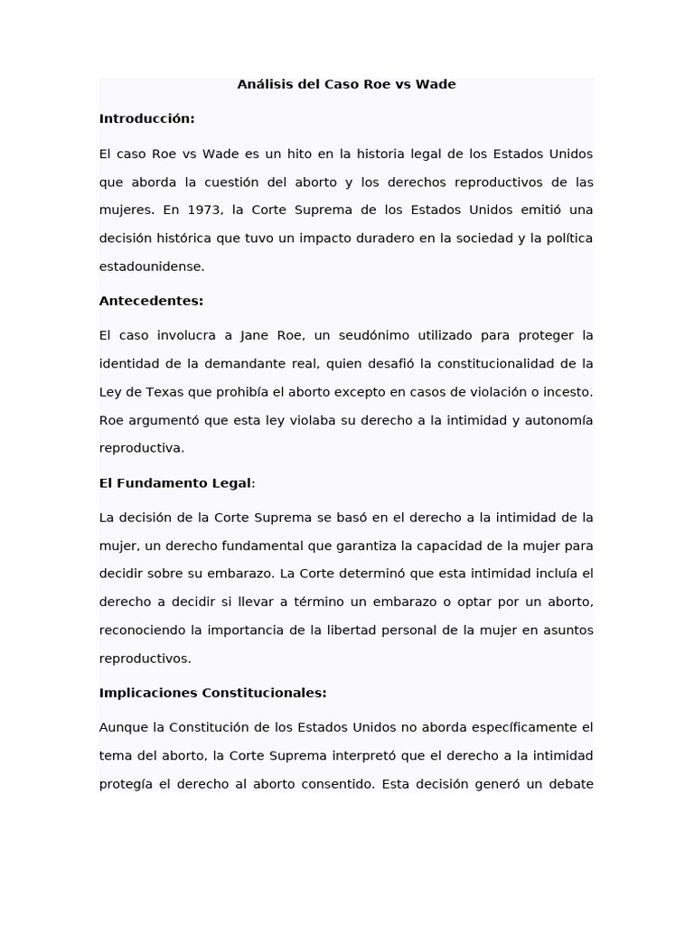 Análisis Del Caso Roe Vs Wade | PDF | Roe V. Wade | Derechos reproductivos